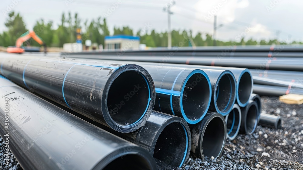 PE pipe plant, Industrial PE pipes with blue line for gas and water ...