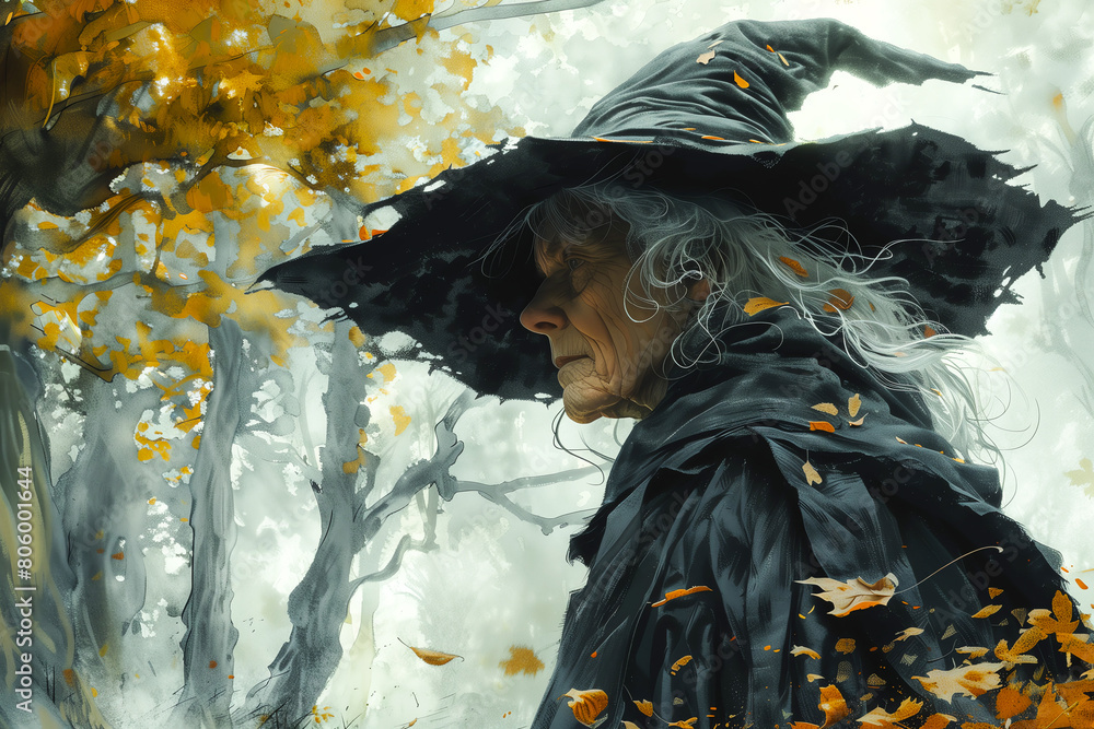portrait of an old scary and ugly witch with hat in a foggy background ...