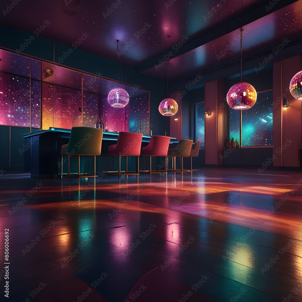 retro disco party vibrant background. Disco balls hang from the ceiling ...