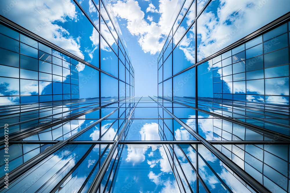 Reflective skyscrapers, business office buildings. Low angle ...