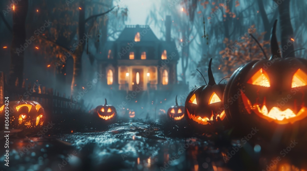 Spooky Halloween pumpkin in front of a house. Scary setting with a ...