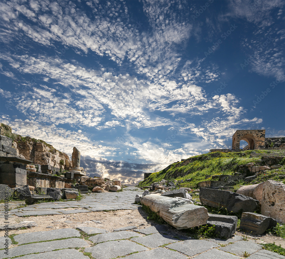 Roman ruins at Umm Qais (Umm Qays)--is a town in northern Jordan near ...