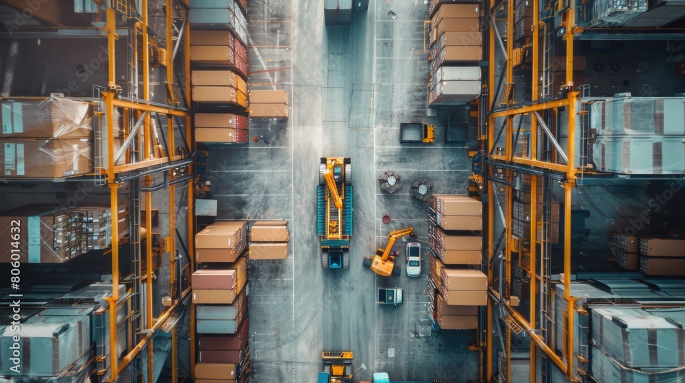 top view in the warehouse, future technology logistics warehouse ...