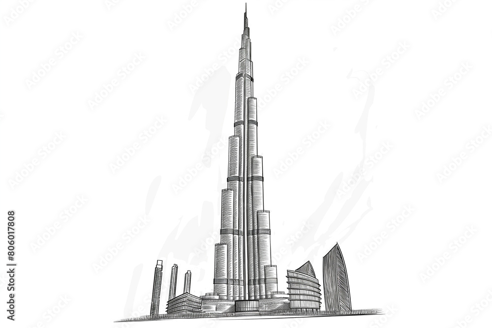 Black and white line drawing illustration of Burj Khalifa, the world's ...