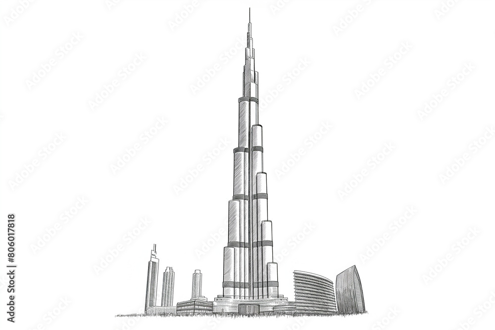 Black and white line drawing illustration of Burj Khalifa, the world's ...