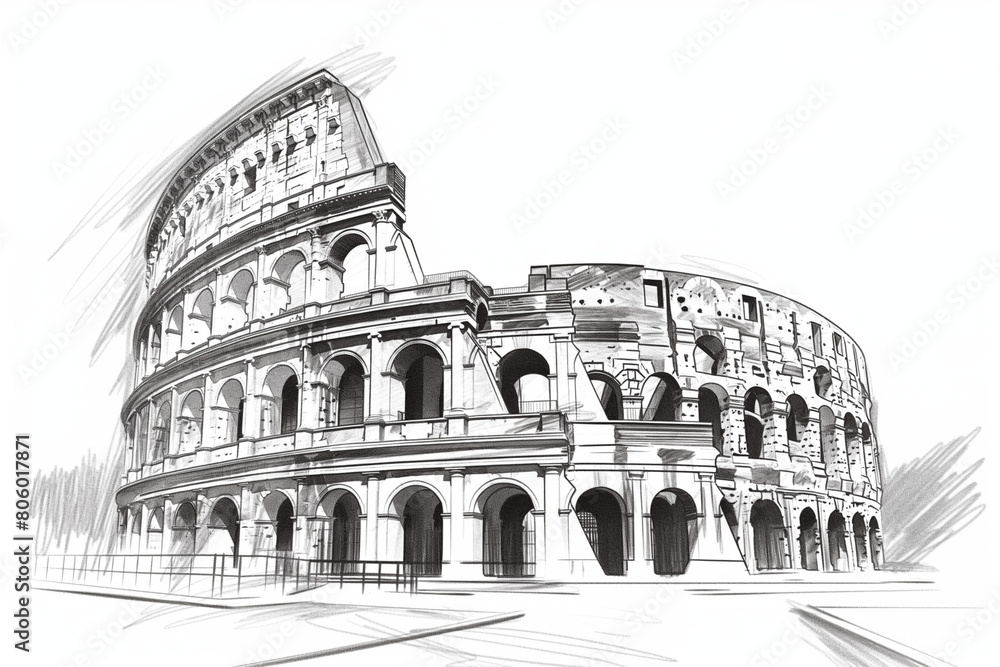 Black and white line drawing illustration of Colosseum in Rome, Italy ...