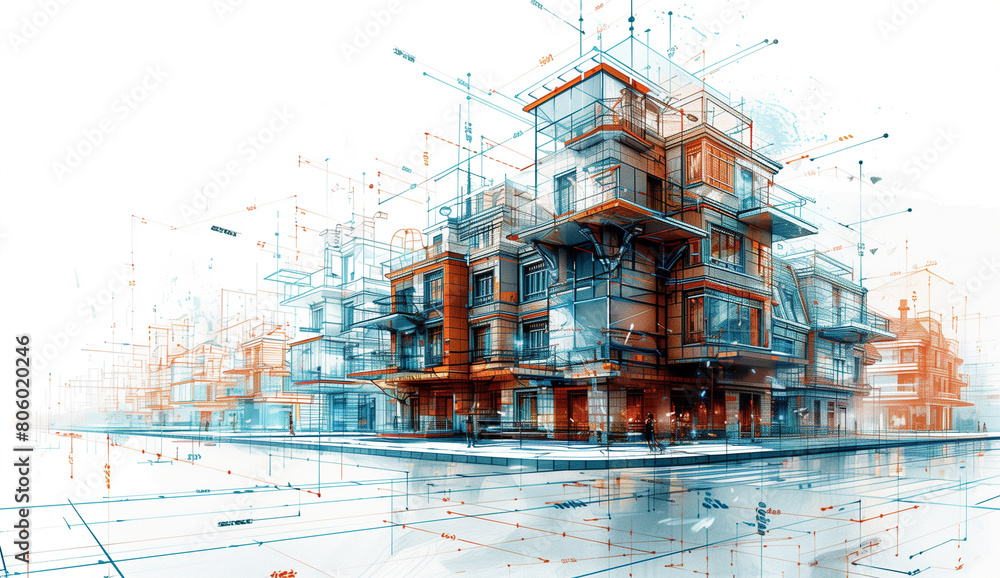 Architectural blueprint of buildings, 3D model of a modern building ...