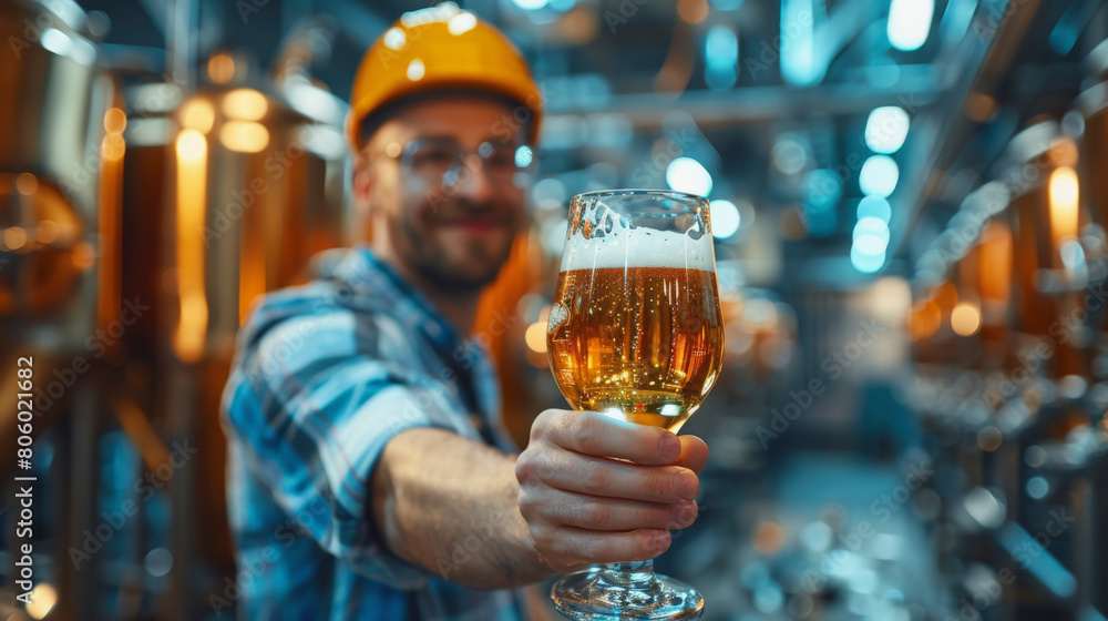 A smiling worker wearing a hard hat offers a glass of beer in a brewery ...