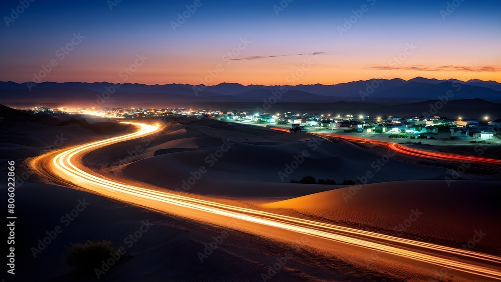 busy highway winding through undulating sand dunes during evening with ...