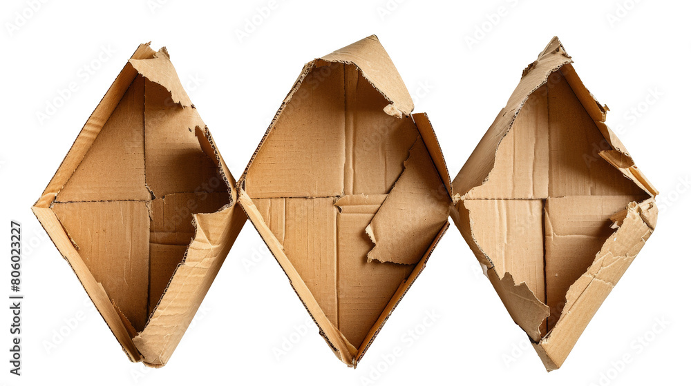 Three opened cardboard boxes lie on a white surface, viewed from above ...