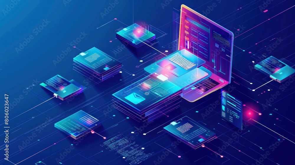 File Transfer Protocol files receiver and computer backup copy. File sharing isometric. Digital ...