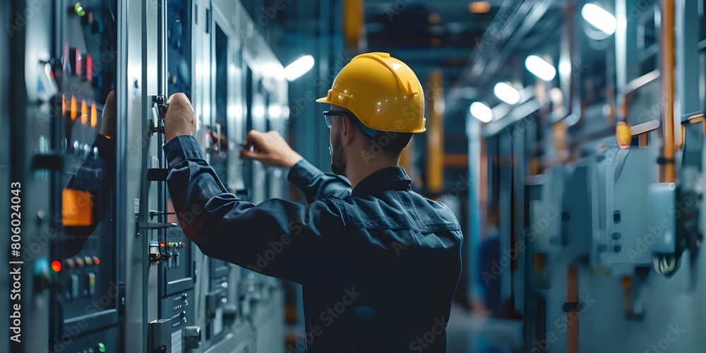 electrical engineer checks the voltage of the electrical at the ...