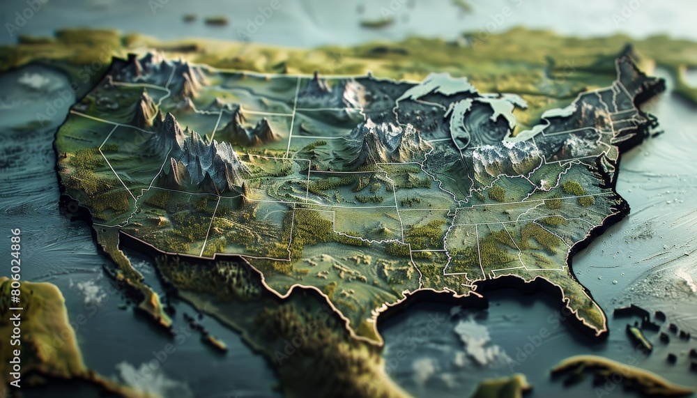 state map of America ,USA Craft a 3D-rendered, photorealistic close-up ...
