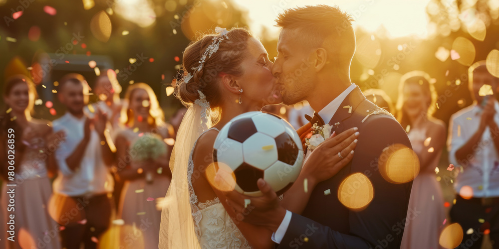 groom stand in wedding dresses and kissing bride holding a classic ...