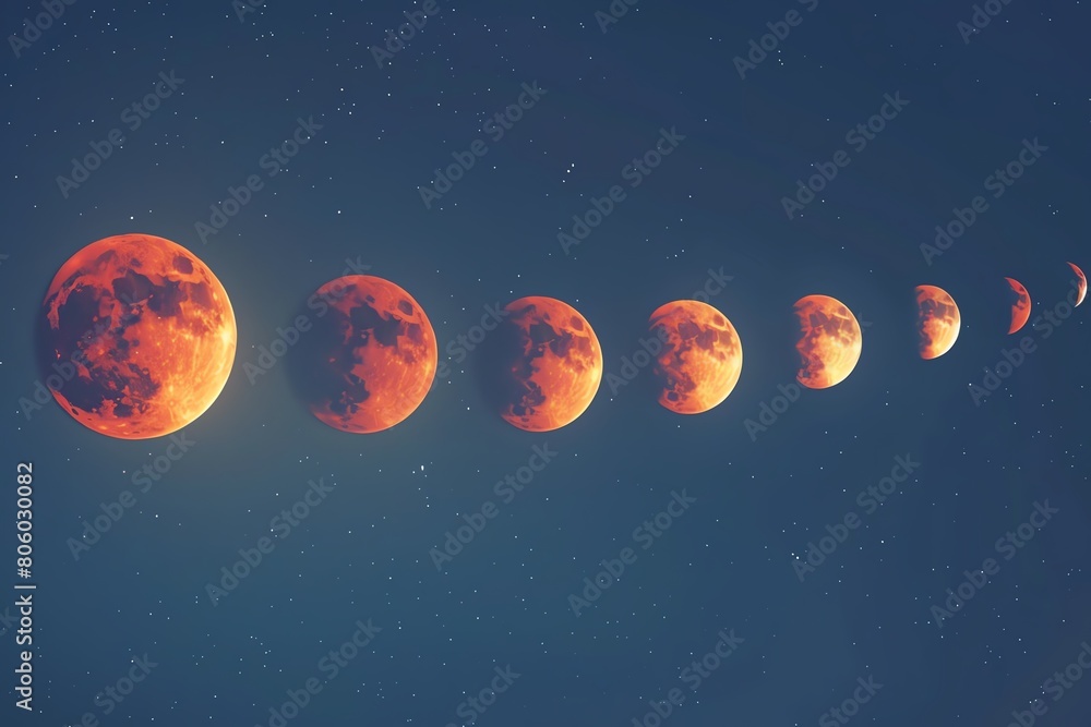Lunar eclipse progression, realistic, series of phases, clear sky Stock ...