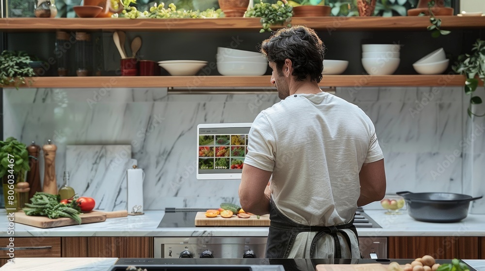 person in the kitchen, back view of a man who is cooking. He is wearing ...