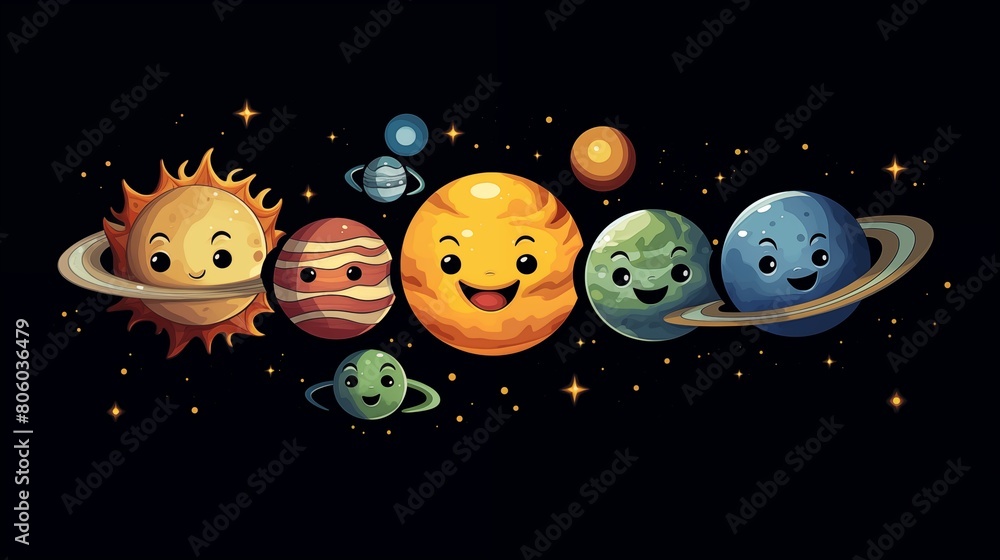 Colored cute and funny characters of the sun and planets come to life ...
