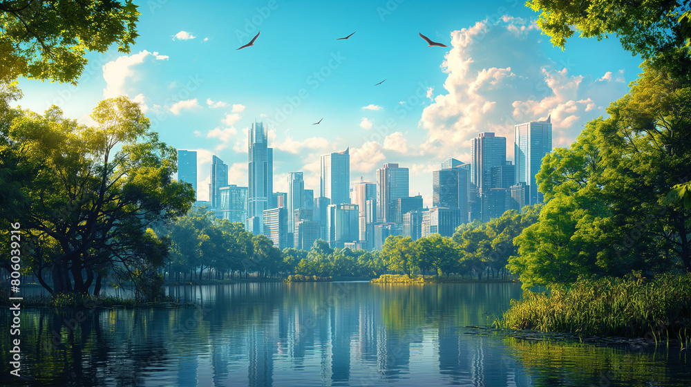 Beautiful modern eco friendly green city panoramic view with ...