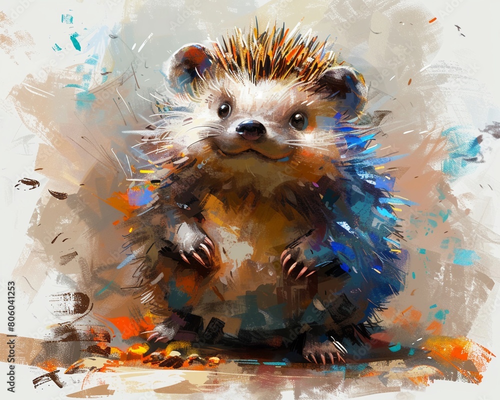Playful digital painting of a fat hedgehog, its curious eyes and hefty ...