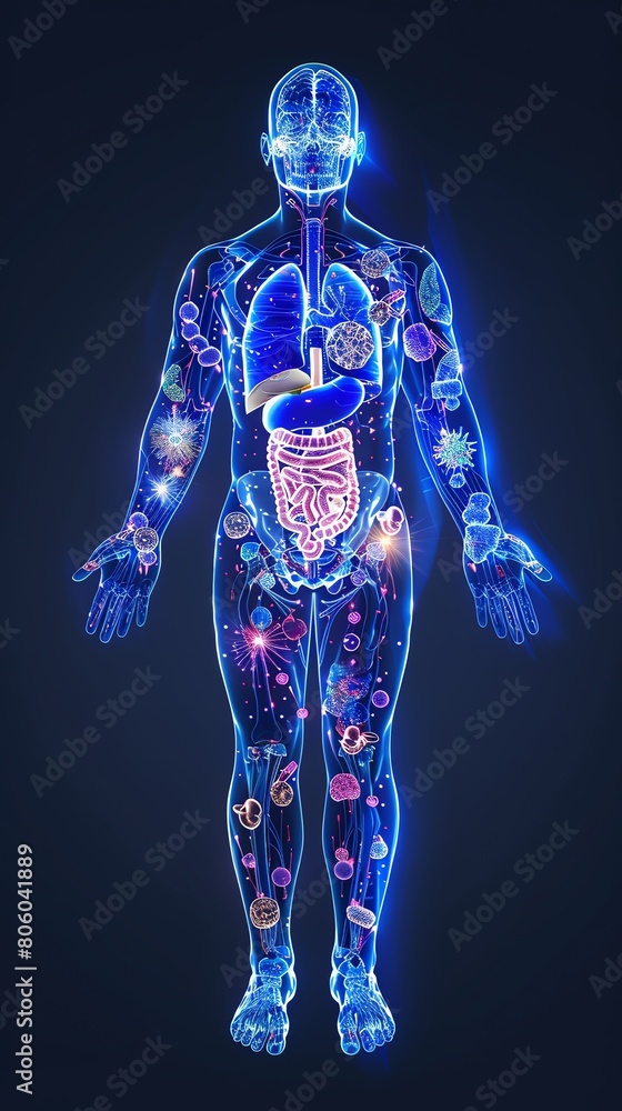 A digital illustration of the human body in blue, with glowing pink and ...