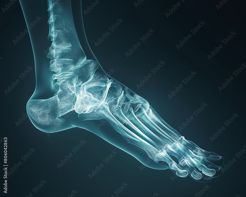 An X-ray of a human foot shows the bones in detail. The bones are white ...
