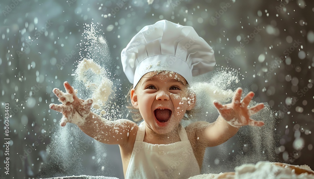 Little chef is having fun in the kitchen. He is covered in flour and ...