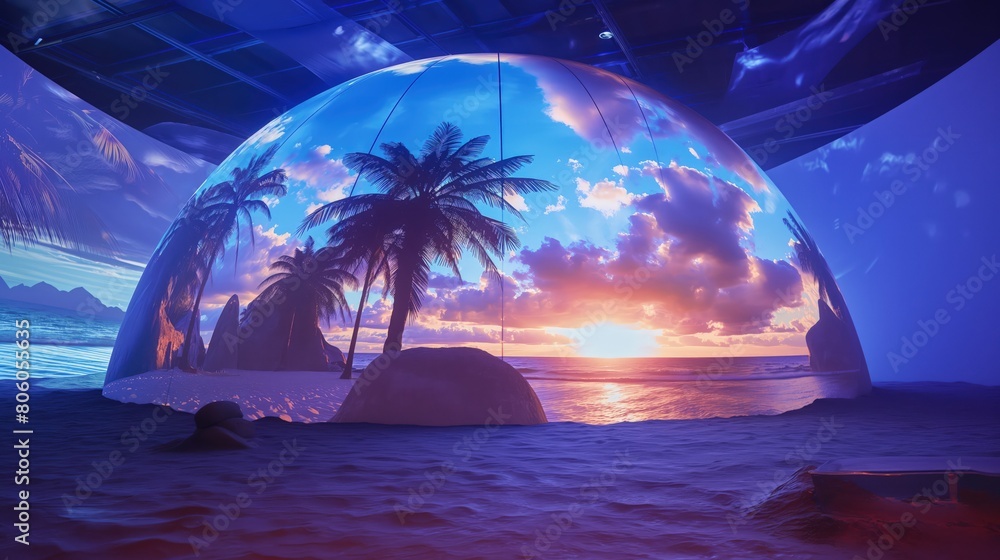 A futuristic VR dome with projections of exotic destinations, offering ...