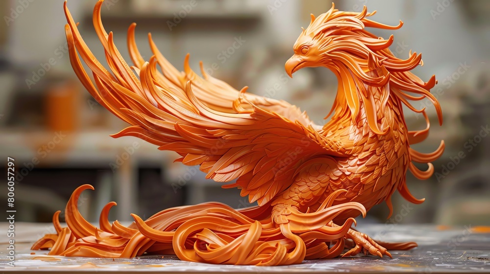 Craft a clay sculpture depicting an elegant phoenix in side view, its ...