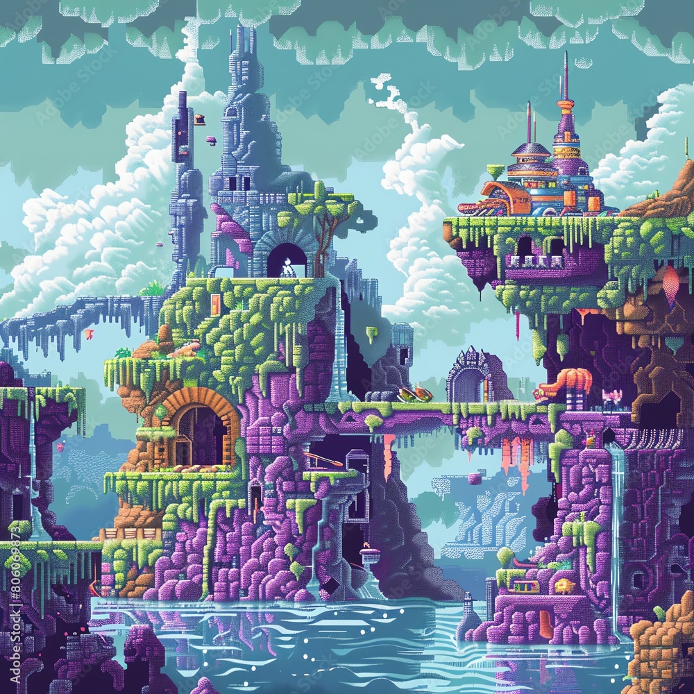 A pixel art landscape featuring a ruined castle on a floating island ...