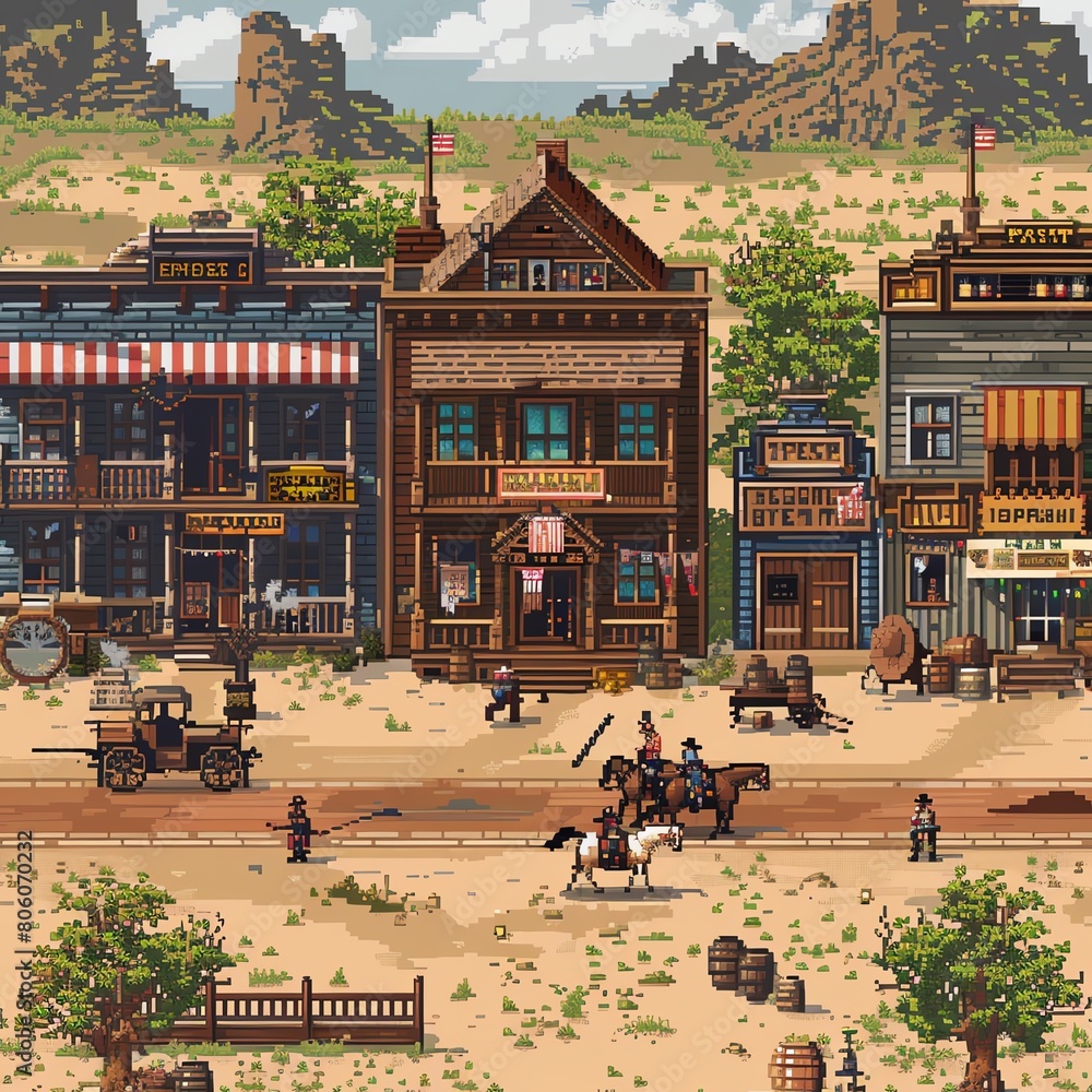 A pixel art image of a Western town. The town has a saloon, a hotel ...