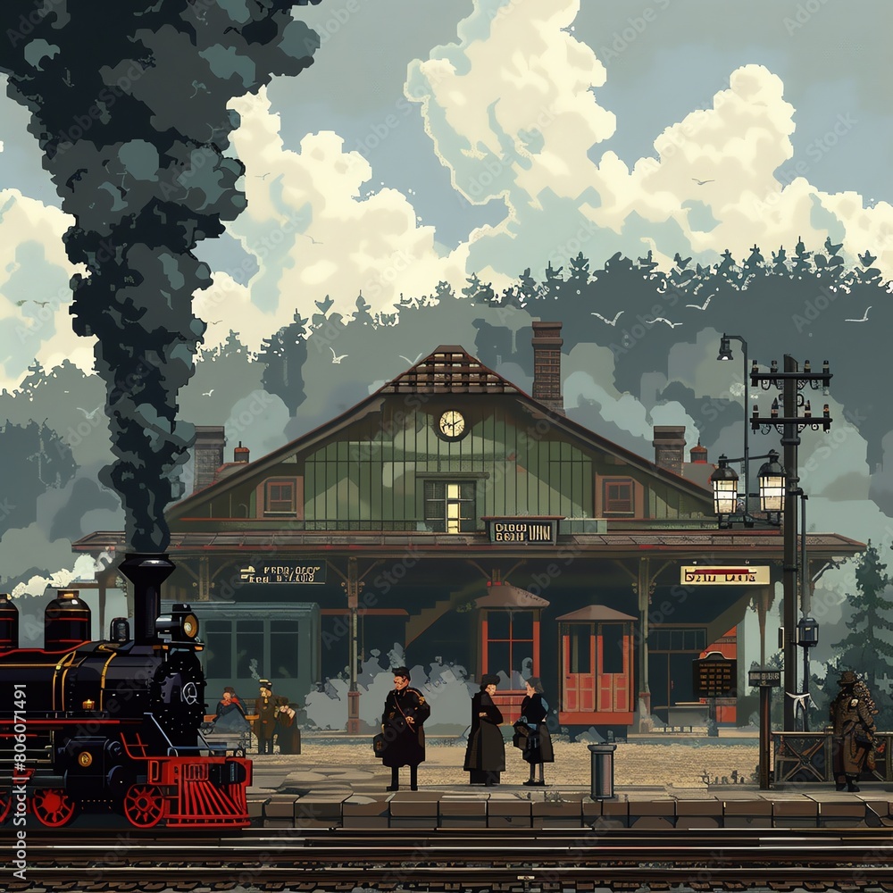A pixel art of a train station with a steam locomotive. Stock ...