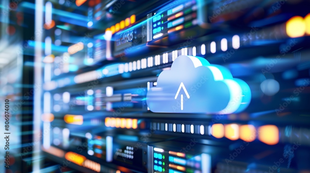 Data migration to cloud server, close-up on progress bar on a monitor ...