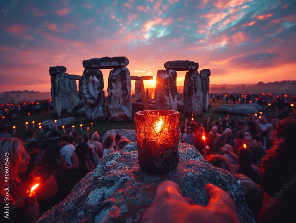 Summer solstice gathering at Stonehenge. People are celebrating the ...
