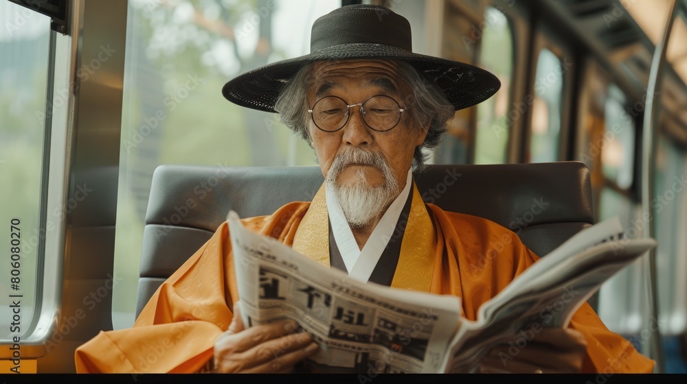 Elderly Korean man in traditional hanbok reading a newspaper on a metro ...