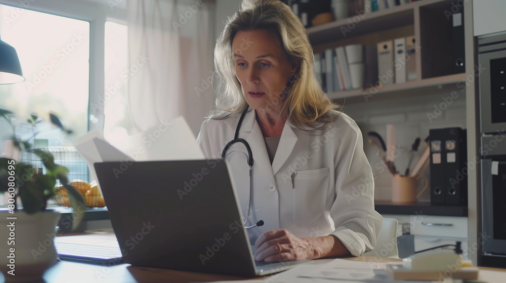 Mature woman therapist working on laptop, sit at desk with papers ...