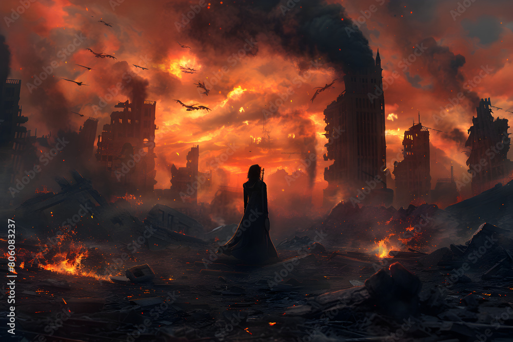 Amidst the charred ruins of a once-great city, a lone soldier stands ...