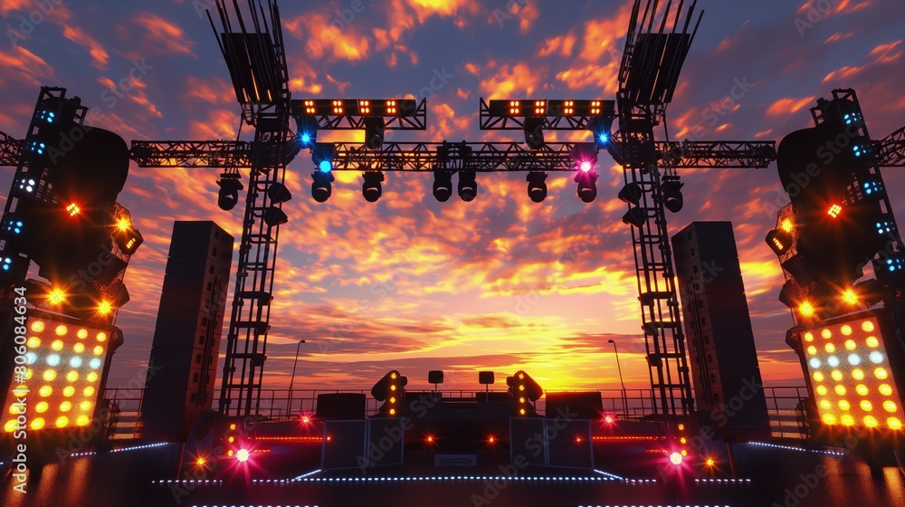 An elaborate stage setup for a summer music festival, featuring LED ...