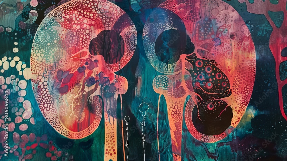 Abstract art poster with kidneys depicted as part of a larger surreal ...