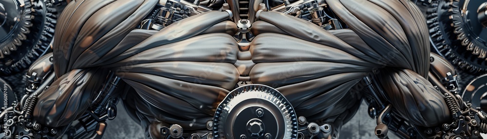 Surreal poster with muscles depicted as mechanical gears and pistons ...