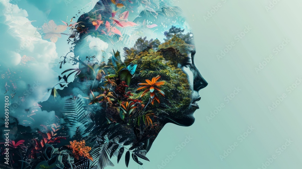 Surreal poster design depicting skin as a dynamic landscape with flora ...