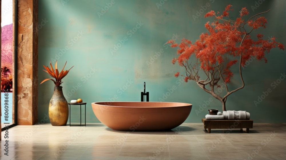 Freestanding bathtub in a modern bathroom with a Japanese maple tree ...