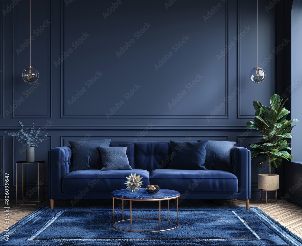 Dark blue living room interior with velvet sofa and cabinet, wall ...