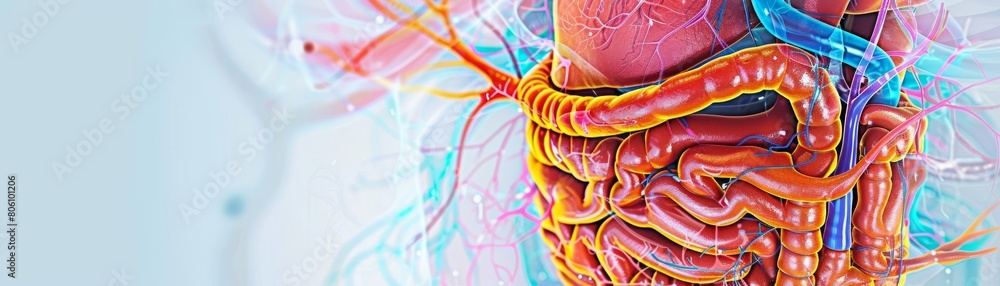 Educational poster with detailed illustration of the human stomach ...