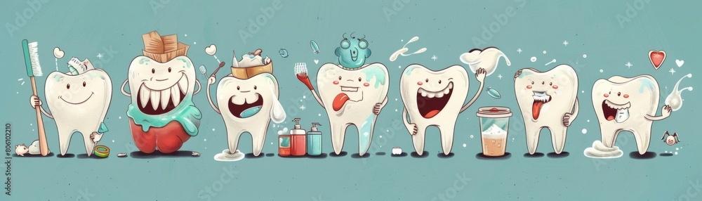 Childrens educational poster with cartoon teeth characters engaging in ...