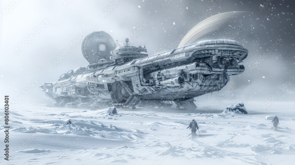 Sci fi spaceship on a frozen planet with explorers outside moon in the ...