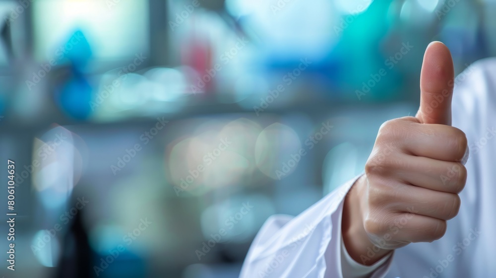 Thumbs up sign. Woman's hand shows like gesture. Science laboratory ...