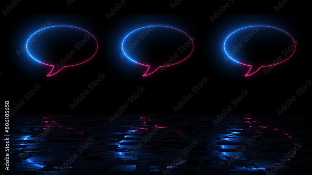 Chat typing bubble message icon 3 animated black bg. Neon typing ...