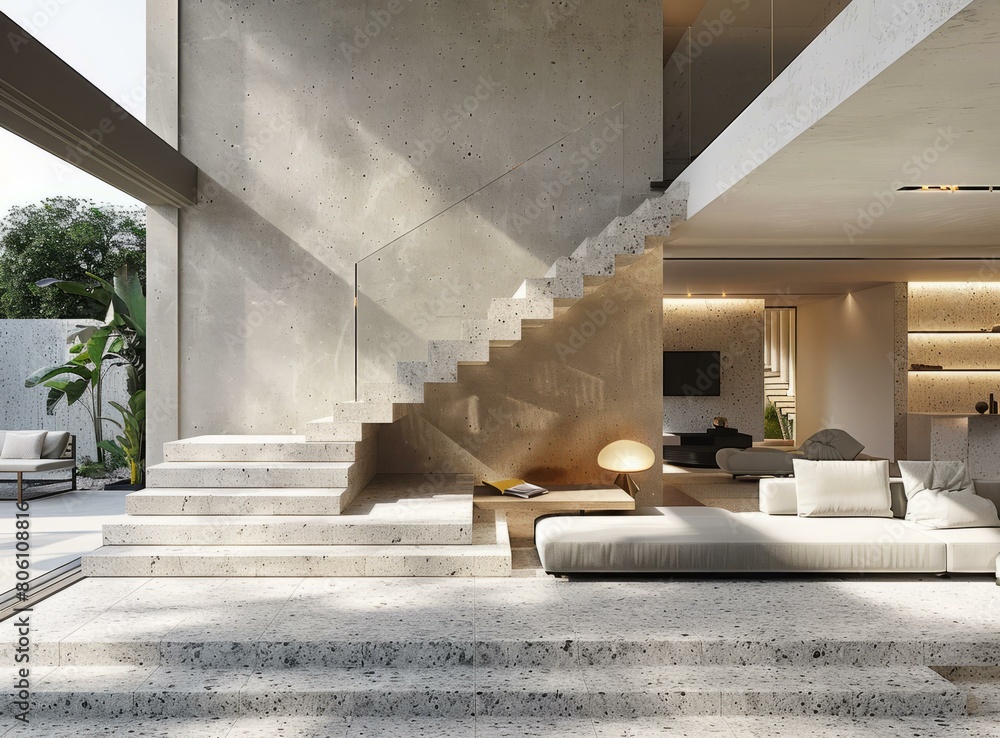 Modern minimalist villa interior with open floor plan and staircase ...