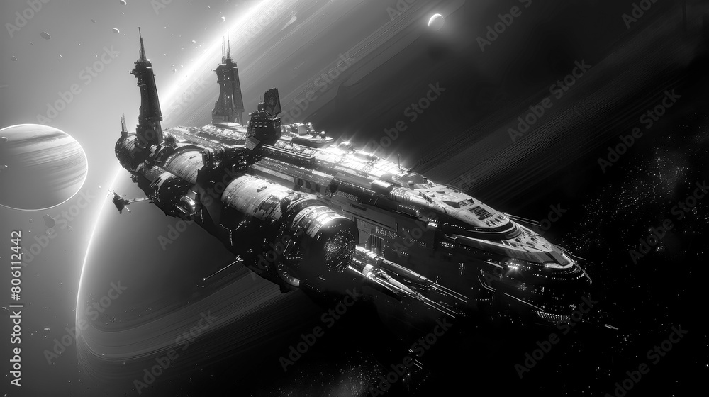 Monochrome sci fi spaceship in deep space planets stars rings, vast ...
