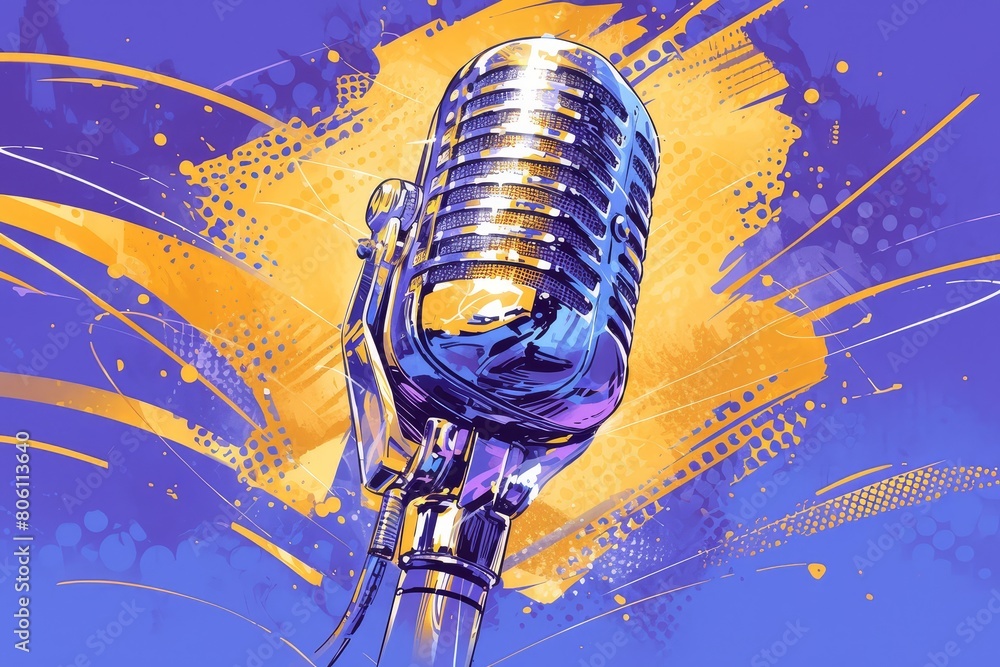 A vintage microphone with retro patterns and halftone dots, on an ...